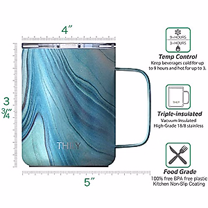 THILY Vacuum Insulated Travel Coffee Mug 12 oz Triple-Insulated Stainless Steel Coffee Cup with Handle, Spill-Proof Lid, Lightweight, Keeps Drinks Hot for Hours, Blue Swirl