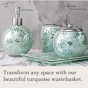 WHOLE HOUSEWARES Mosaic Wastebasket - Glass Decoration Bathroom Trash Can - Shiny Finish Bathroom Accessory - 7.5" x 10" - Turquoise