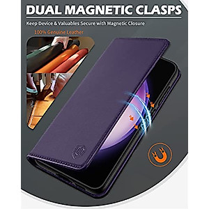 SHIELDON Wallet Case for Galaxy S23 5G 2023, Genuine Leather Folding Wallet Case with Kickstand RFID Blocking Card Slots Magnetic Shockproof Phone Cover Compatible with Galaxy S23 6.1" - Purple