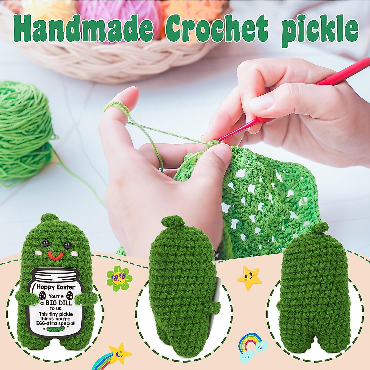 Hoppy Easter Pickle Plush - You're a Big Dill! Funny Crochet Pickle Doll, Handmade Easter Basket Stuffers for Teens, Unique Easter Eggs Fillers, Cute Easter Gifts Toys 5 Inch