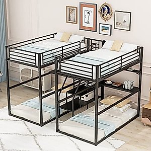 Merax Double Twin Over Twin Metal Bunk Bed with Shelves, and Storage Staircase, Metal Double Loft Bed Frame with Desk, Black