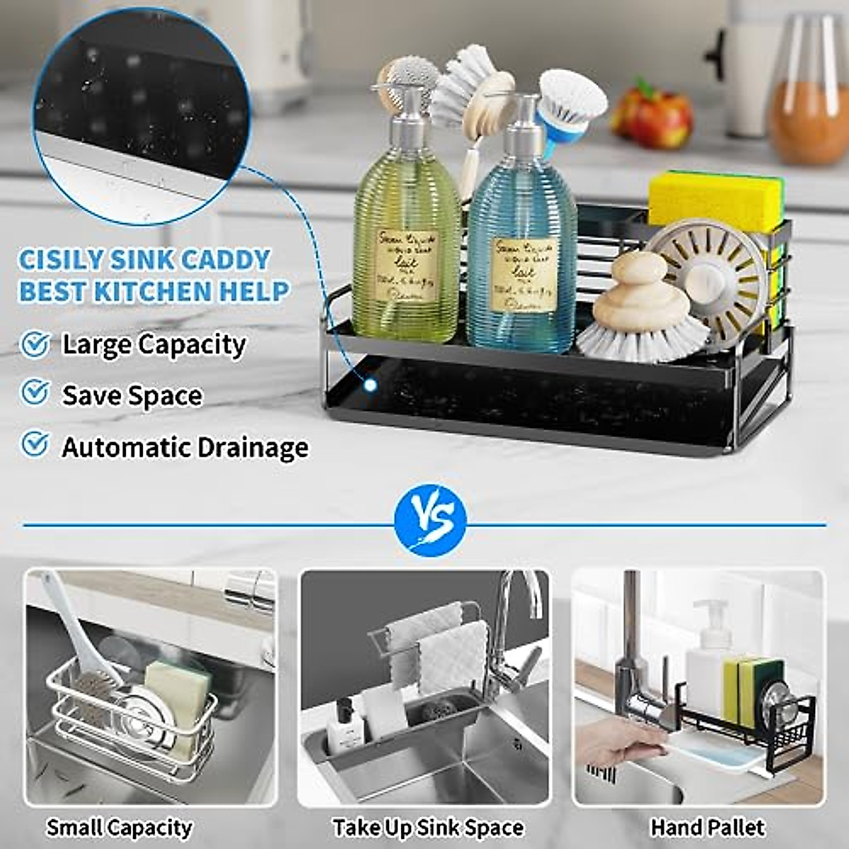 Cisily Kitchen Sink Caddy Organizer, Sponge Holder for Kitchen Sink, SUS 304 Stainless Steel Sponge Organizer, Scrub Daddy Holder, Dish Brush Holder for Kitchen Sink, Kitchen Accessories（Black）