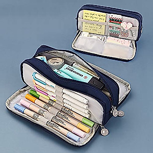 Meyas Big Capacity Pencil Pen Case 3 Compartments,Office College School Large Storage Pouch Marker Pen Case Pen Holder, Stationery Bag Organizer Zipper Pouch Pen Bag,Pencil Pouch Pen Holder(Dark Blue)