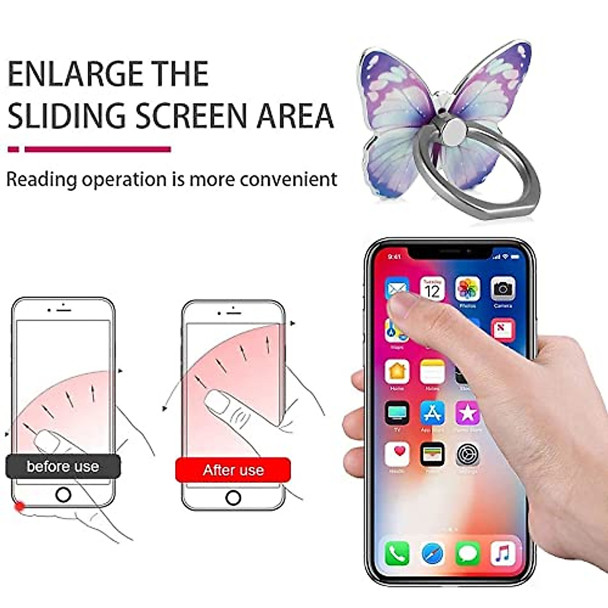 Fwaytech 4Pack Phone Ring Holder Cute 360 Rotation Metal Aluminum Finger Ring Socket Grip Kickstand Compatible for iPhone Samsung LG and Other Smartphones (Butterfly)