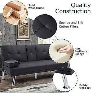 Convertible Futon Sofa Bed, Modern Leather Couch Upholstered Loveseat Sleeper Sofa with Cup Holder and Adjustable Back, Recliner Folding for Living Room, Apartment, Office (Black)