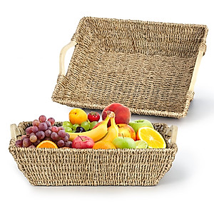 WEAVELYRICS 2-Pack Wicker Baskets with Wooden Handles, Hand-Woven Storage Baskets, Seagrass Wicker Baskets for Organizing, Decorative Baskets, Wicker Storage Baskets for Pantry, Shelves