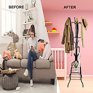 ANAMPION Coat Rack Free Standing Entryway Metal Coat and Hat Hanger Organizer Stand With 20 Hooks Hall Tree stand with 2 shelves Umbrella Tree Stand Black…