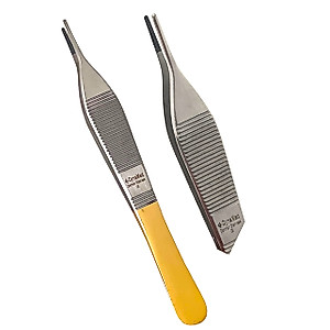 German Grade Adson Dressing Forceps Micro 4.75" with Tungsten Carbide Inserts and Gold Handle Premium Dental Instruments Cynamed