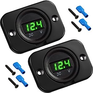 BBTO 2 Pcs DC 12V 24V Waterproof Car Voltmeter with LED Digital Display Panel and Mounting Plate Round Voltage Gauge Meter with Terminal for Boat Marine Vehicle Motorcycle Truck ATV UTV (Green Light)