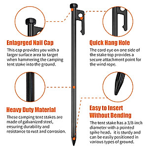 Eurmax USA 10 inch Multiuse Heavy Duty Steel Tent Stakes Tarp Pegs Camping Stakes for Outdoor Camping Canopy and tarp with 4 Ropes 10FT Length,8pcs(Black)