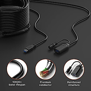 Alxum 50 Feet Active USB Extension Cable 3.0 Male to Female with 2 Extension chipsets Signal Booster, Long USB Extender Cord 15 Meters for Camera,Printer,Webcam,Telescope,Mouse,with 5V2A Power Adapter