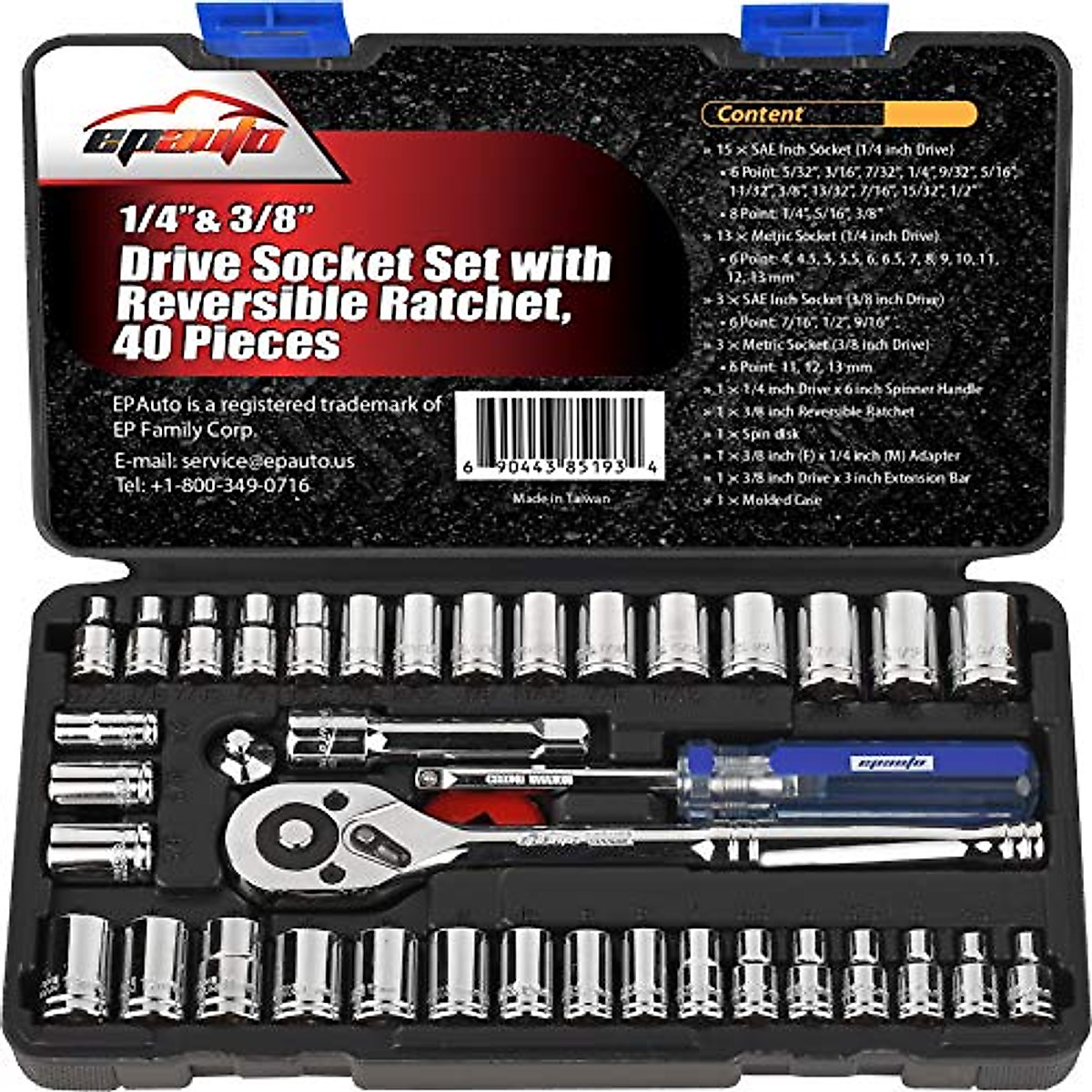 EPAuto 40 Pieces 1/4-Inch & 3/8-Inch Drive Socket Set with 72 Tooth Reversible Ratchet