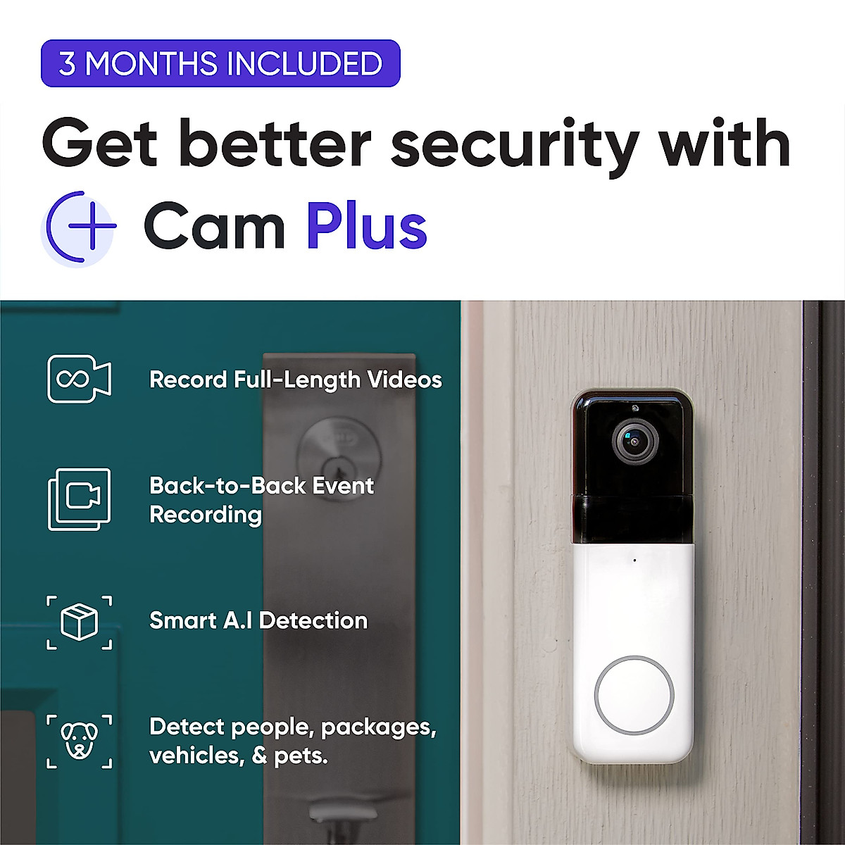 Wyze Wireless Video Doorbell Pro (Chime Included), 1440 HD Video, 1:1 Aspect Ratio: 1:1 Head-to-Toe View, 2-Way Audio, Night Vision with Wyze Cam Plus 3 Month Subscription