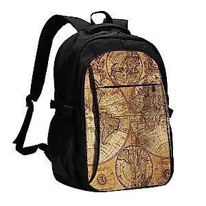 EVANEM Vintage Old World Map Printed Laptop Backpack With Usb Charging Port And Music Jack Travel Backpack Business Backpack For Gym