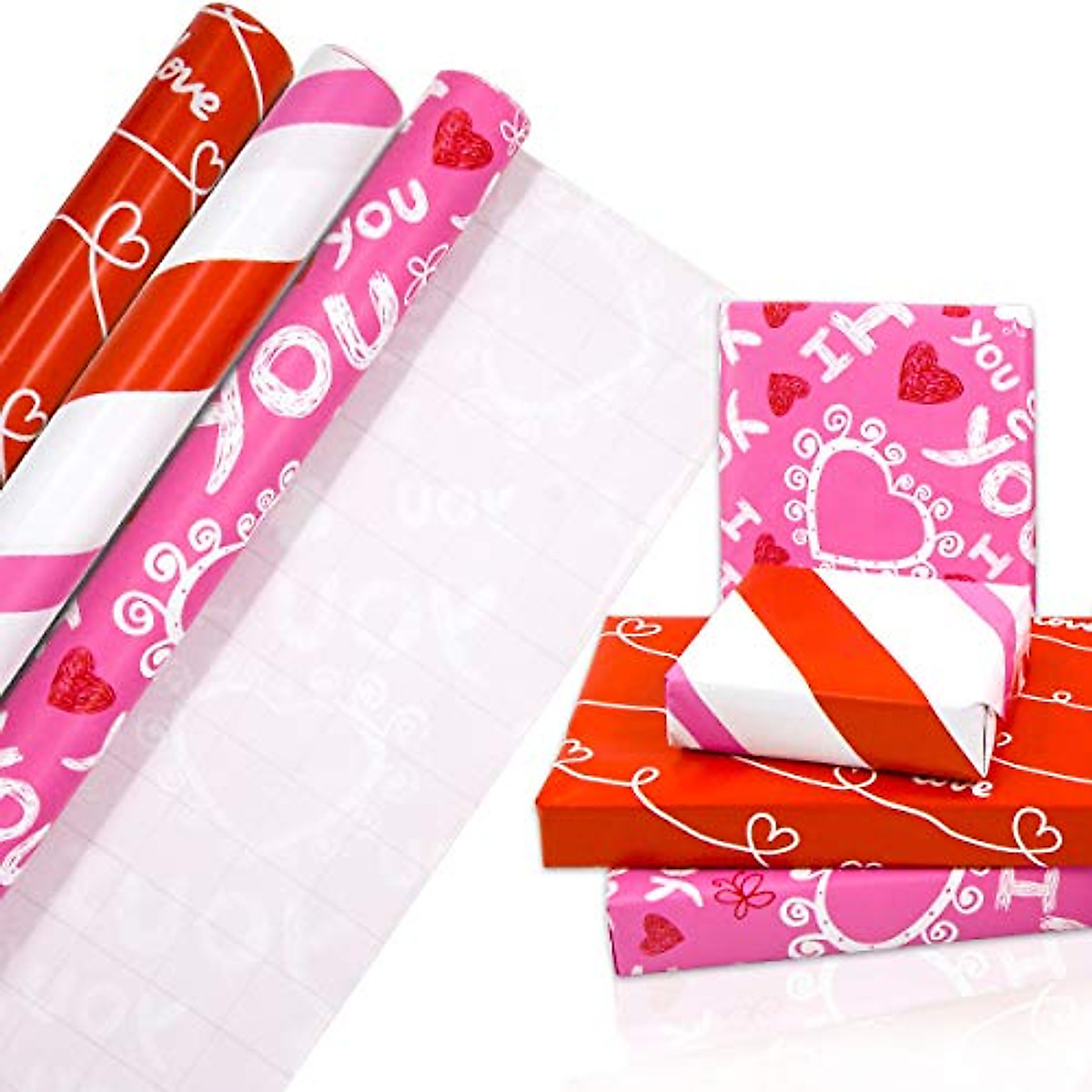FANCY LAND Valentines Wrapping Paper with Cut Lines for Valentine’s Day Wedding Holiday 3 Pack