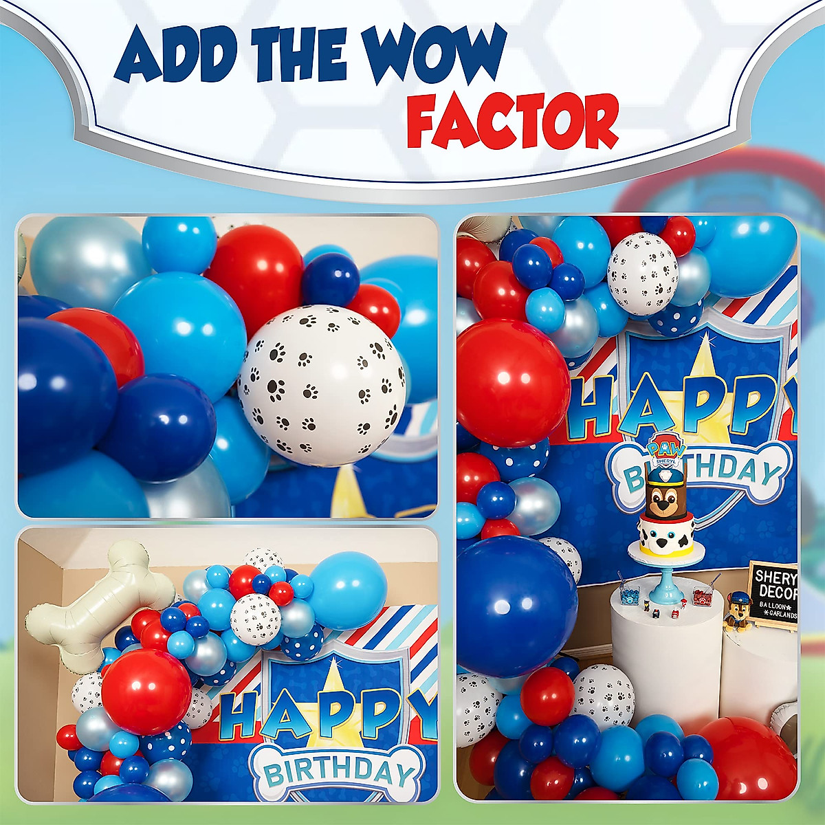 ALL-IN-1 Paw Balloon Arch & Garland Kit with BONUS Dog Bone – Small and Large Red, Dark Blue Paw Balloons – Chase Paw Birthday Party Decorations & Supplies – Boy