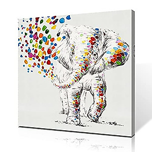 Happy Elephant Canvas Wall Art Cute Elephant Spraying Water Picture Print for Kids Room Bathroom Poster Framed Ready to Hang (14"x14"x1 Panel)