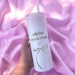 Go Greek Chic Alpha Omicron Pi Coquette Bow Tumbler with Straw - White