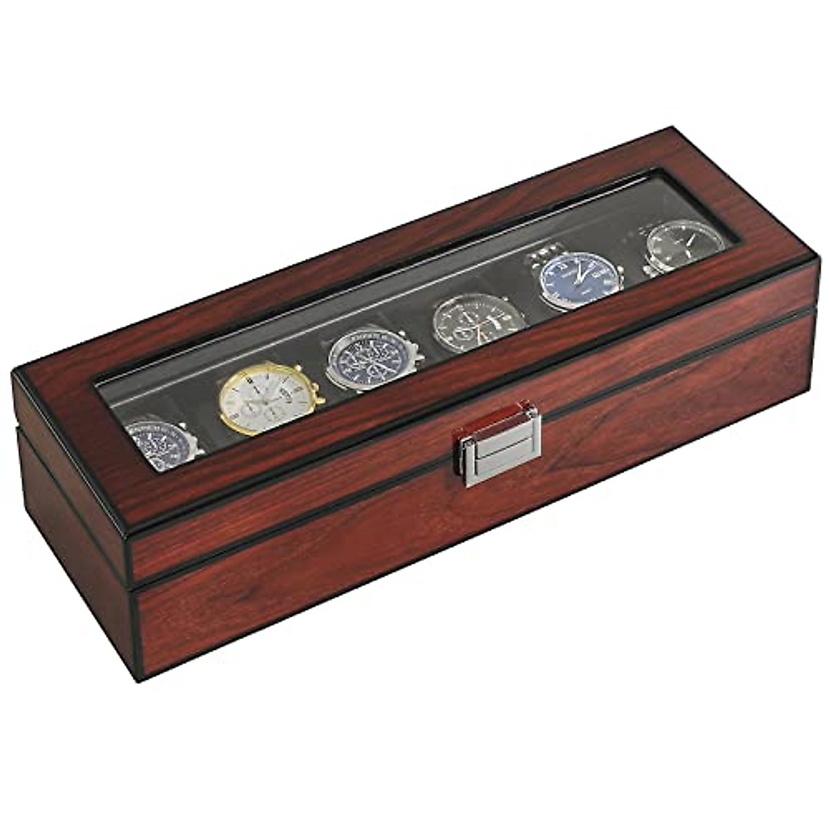 IBUYKE Watch Box with Removable Watch Pillow 6 Slots Solid Wood Watch Display Case for Mens Jewelry Organizer with Large Glass Lid JWB006H