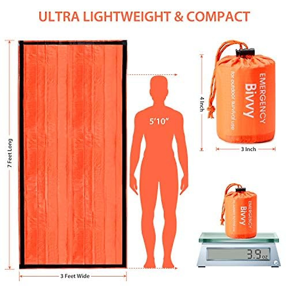 Esky Emergency Sleeping Bag, 2 Pack Survival Bag Portable Thermal Bivy Sack, Waterproof Lightweight Emergency Blanket Survival Gear with Compass and Whistle for Camping Hiking Outdoor Adventure