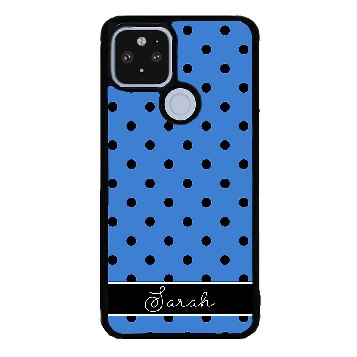 Blue Black White Polka Dot Personalized Black Rubber Phone Case Compatible With Google Pixel 8 Pro, 8a, 8, 7a, 7, Pixel 7 Pro, 6a, Pixel 6 Pro, 6, Pixel 5, 4a 5G, 4a 4G, 4, 4 XL, 3a, 3a XL, 3, 3 XL
