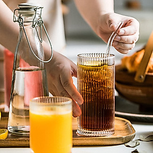 POLIDREAM Drinking Glasses with Origami Style Set of 4 Glass Cups, 12 oz Ribbed Glassware, Highball Glass Cups, Elegant Art Deco Ripple Vintage Glassware, Juice Glasses, Ideal for Cocktail, Beer