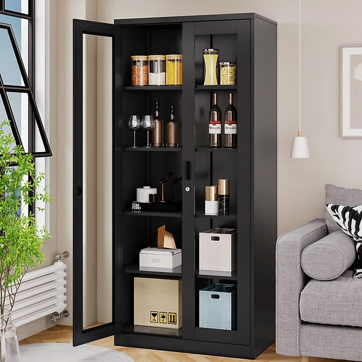 AFAIF Glass Display Cabinet Curio Cabinet with Glass Door & 4 Adjustable Shelves, Liquor Cabinet with Lock, 71"H Tall Bookshelf Bookcase Metal Storage Cabinet Display Case for Home Office Living Room