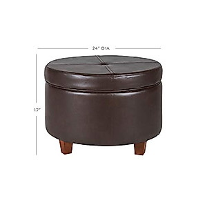 HomePop Round Leatherette Storage Ottoman with Lid, Chocolate Brown Large