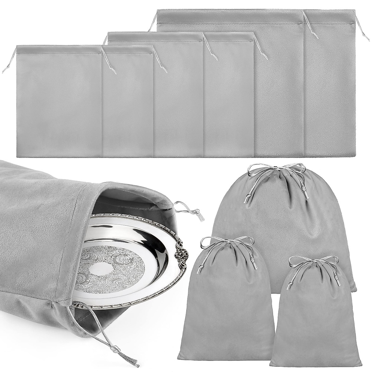 Kochorie 6 Pack Silver Storage Bags Anti Tarnish Storage Bag Fabric Cloth Bags with Diverse Sizes for Jewelry Silverware Protection Flatware Plate Tarnish, Grey