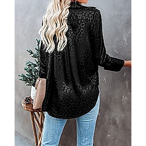 BTFBM Women's Satin Button Down Shirts Roll Up Long Sleeve Lapel V Neck Loose Casual Work Summer Fall Blouse Tops 2023(Leopard Black, Small)