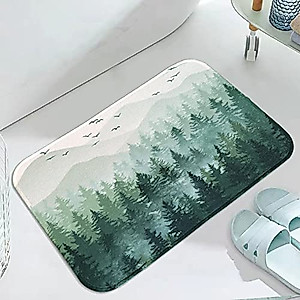 Accnicc Green and White Misty Forest Shower Curtain Bundle with Green Misty Forest Small Bathroom Rugs Mat Non-Slip Bath Rugs