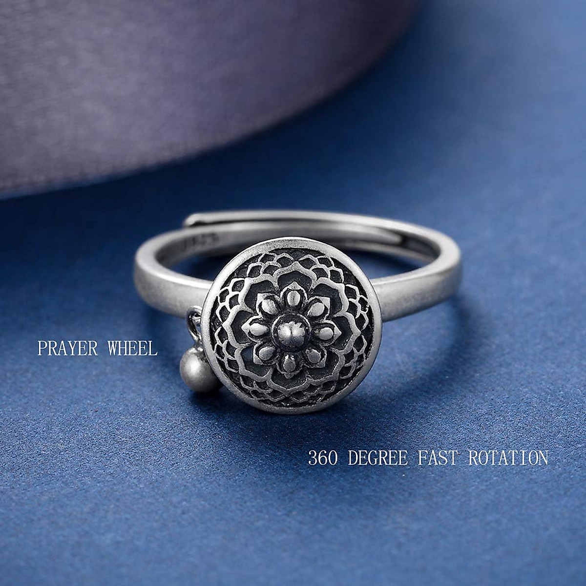 LOVECOM 100% Real 925 Sterling Silver Fidget Rotating Rings for Women Men Buddhist Tibetan Prayer Wheel Spinner Finger Ring Good Luck Lady Bands Relieving Stress Father's Day Gifts from Daughter