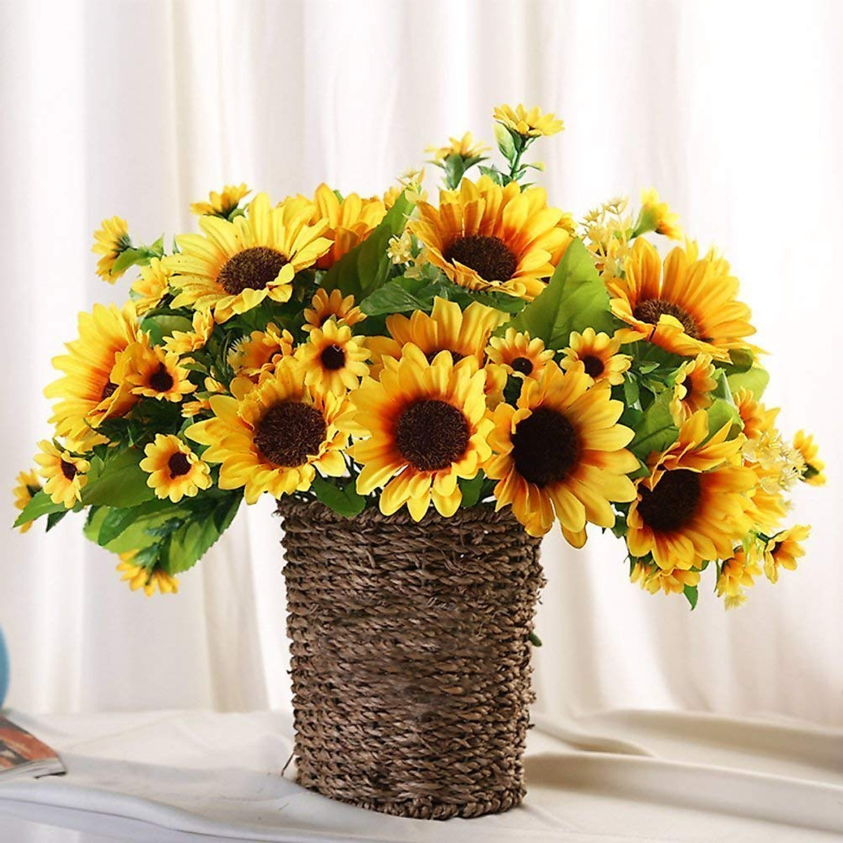 PASYOU Artificial Sunflower Plastic Fake Flowers Sunflowers for Indoor Outdoor Wedding Bridal Bouquet Home Garden Party DIY Wreath Table Arrangement Decoration Pot Planter Filler 2 pcs