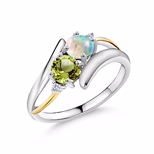925 Sterling Silver and 10K Yellow Gold Round Cabochon White Simulated Opal Green Peridot and Lab Grown Diamond 2 Stone Crossover Ring For Women (1.07 Cttw, Available 5,6,7,8,9) (Size 9)