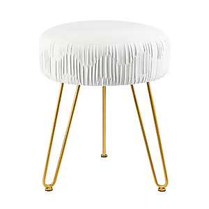TOUCH-RICH Stripe Velvet Vanity Chair Round Ottoman,Upholstered Vanity Makeup Footstool Side Table Dressing Chair with Golden Metal Legs (White, Round-Normal)