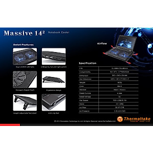 Thermaltake Massive 14 Steel Mesh Panel Dual 140mm Blue LED Fan Adjustable Speed Control 10"-17" Laptop Notebook Cooling Pad CL-N001-PL14BU-A,Black