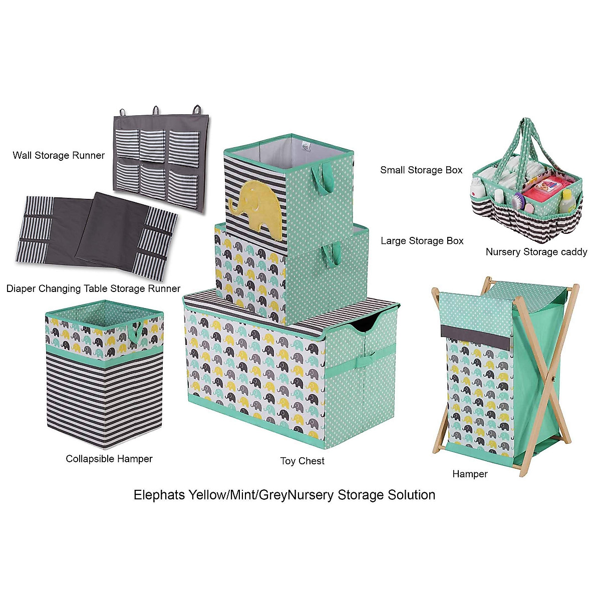 Bacati - Small Storage Tote Elephants Mint/Yellow/Grey 10 x 10 x 10 inches