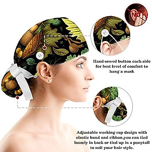 Thanksgiving Acorn Working Cap with Button Sweatband Adjustable Tie Back Bouffant Hats with Scrunchie