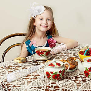 Sintege 4 Pcs Girls Tea Party Set Tea Party Gloves Hats Necklace Fans for Girls(White)