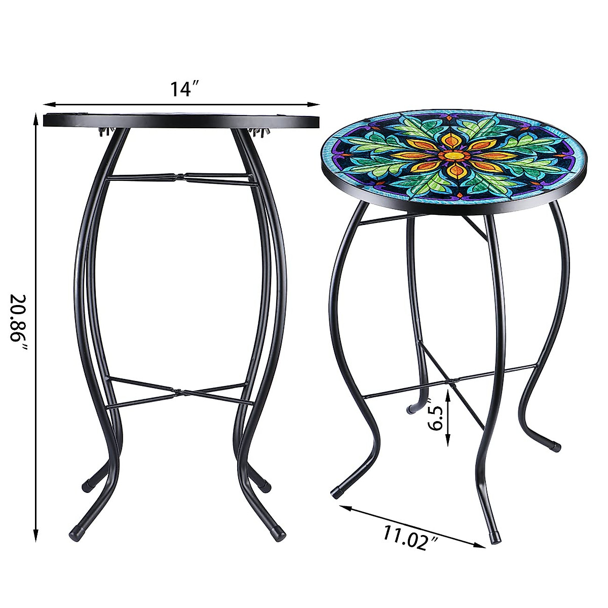 VCUTEKA Outdoor Side Table Mosaic End Table Patio Side Table Small End Table Glass Top Round Balcony Coffee Table Porch Indoor Glass Top