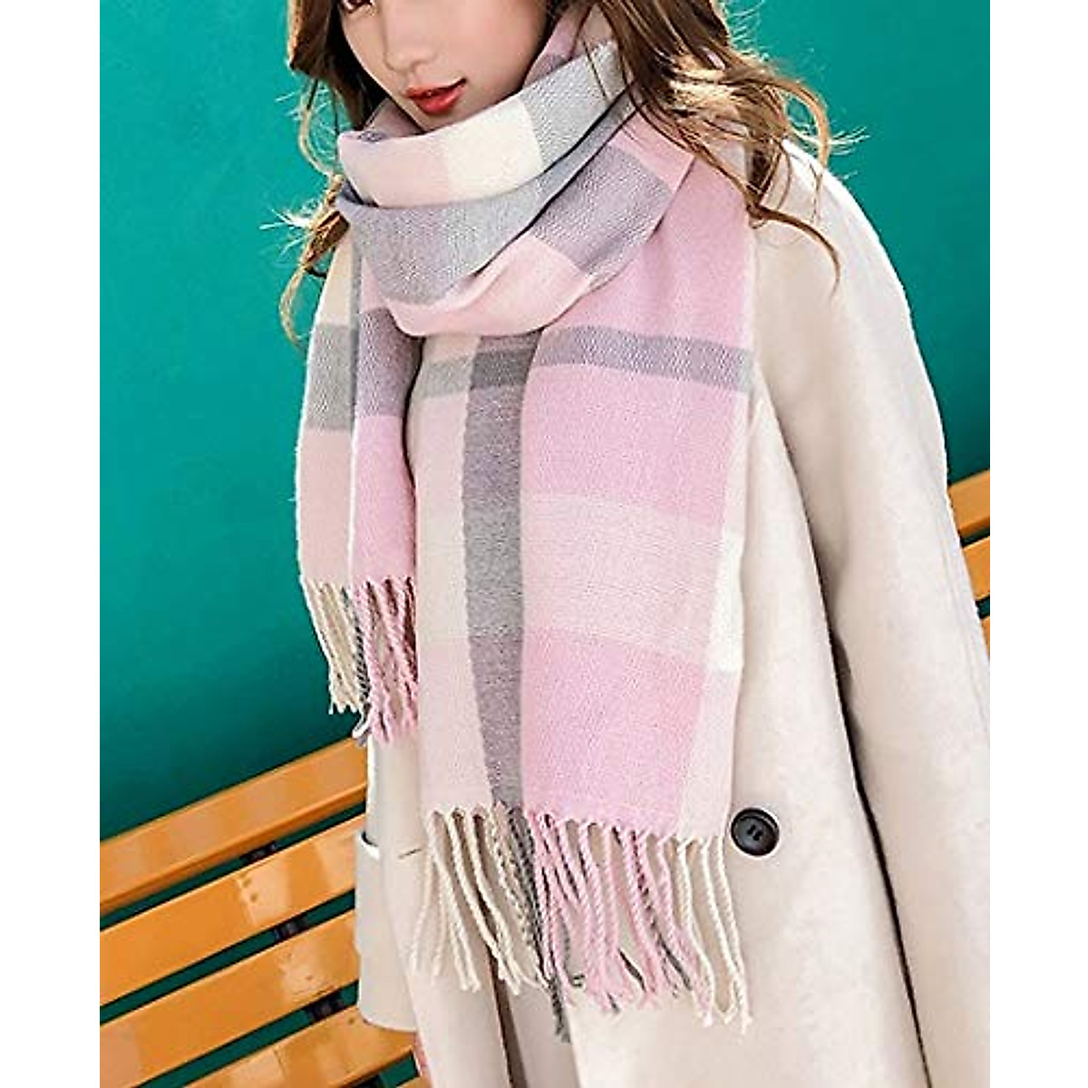 Wander Agio Women's Fashion Scarves Long Shawl Winter Thick Warm Knit Large Plaid Scarf Pink Grey 2