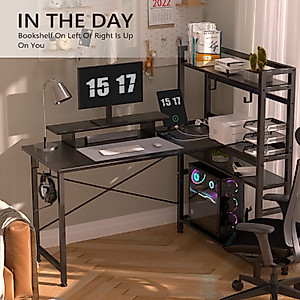 COMHOMA Gaming L Shaped Computer Desk, 55" Home Office Desk with Shelves, L Shape Computer Corner Desk with Charging Port, Gaming Table Power Outlet Build in, LED Writing Desk with Monitor Stand Black