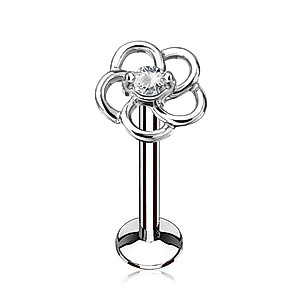 Forbidden Body Jewelry 16g 8mm Surgical Steel Tragus, Helix, Cartilage and Labret Stud with Clear CZ Centered Flower Top