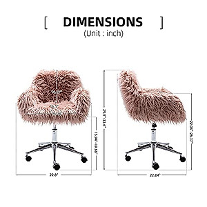 KCC Fluffy Office Desk Chair, Faux Fur Modern Swivel Armchair with Wheels, Soft Comfy Fuzzy Elegant Accent Makeup Vanity Chairs for Women Girls, Home Living Dressing Room Bedroom, Pink