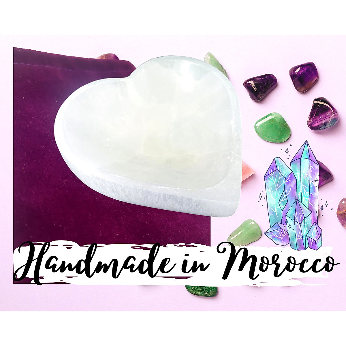 SELENITE Bowl 4"+ Heart Shaped Crystal Bowl, Genuine Hand Carved Large Selenite Moroccan Crystal Holder for Charging, Cleansing Crystals, Healing Stones, Spiritual Gifts, Velvet Bag (4" Heart Bowl)