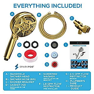 SparkPod 5 Inch 9 Spray Setting Shower Head - Handheld High Pressure Jet with On/Off Switch, Pause and Waterfall Setting- Premium ABS Removable Handheld Shower Head with Hose (Gold)