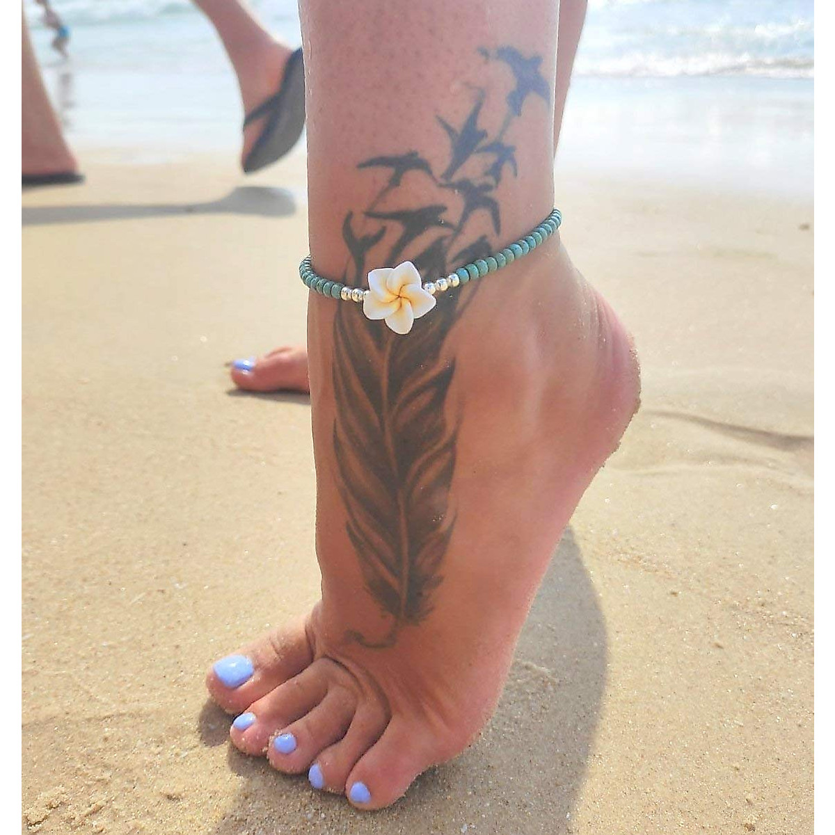 Boho Beaded Anklet for Women and Teen Girls, Unique Bohemian Turquoise and Sterling Silver Beaded Anklet with Hawaii Hawaiian Plumeria Flower, Handmade by Tribes