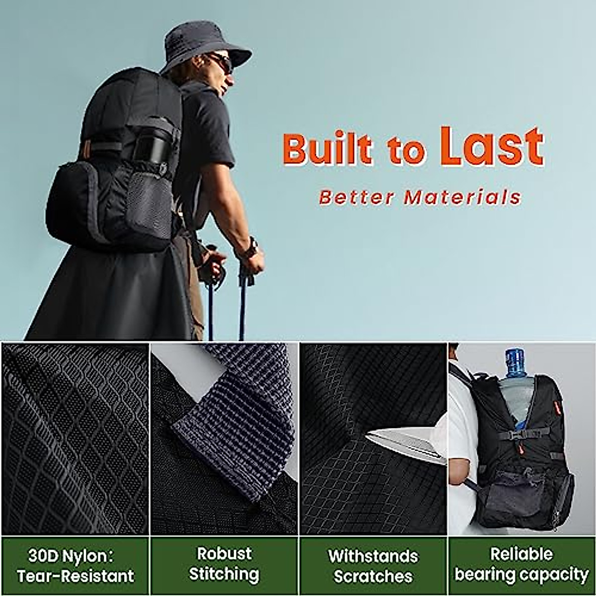 Yeendibo 33L Waterproof Hiking Backpack with Portable-Rest Station for Camping/Travel/Outdoors, Versatile & Lightweight Foldable Daypack for Men/Women (Black, Waterproof)