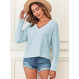 ZAFUL Womens V Neck Oversized Long Sleeve Sweaters Off Shoulder Square Textured Loose Knit Pullover Jumper Tops Blue L