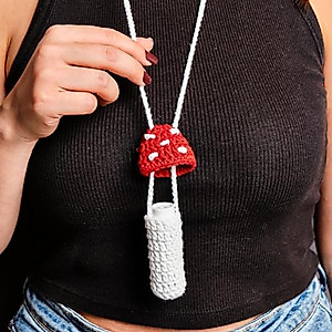 Crochet Mushroom Pouch, Handmade Mushroom Pouch Chapstick Holder – Festival Pouch Necklace – Crochet Handmade Case Pendant, Lanyard for Lip Balm (Red)